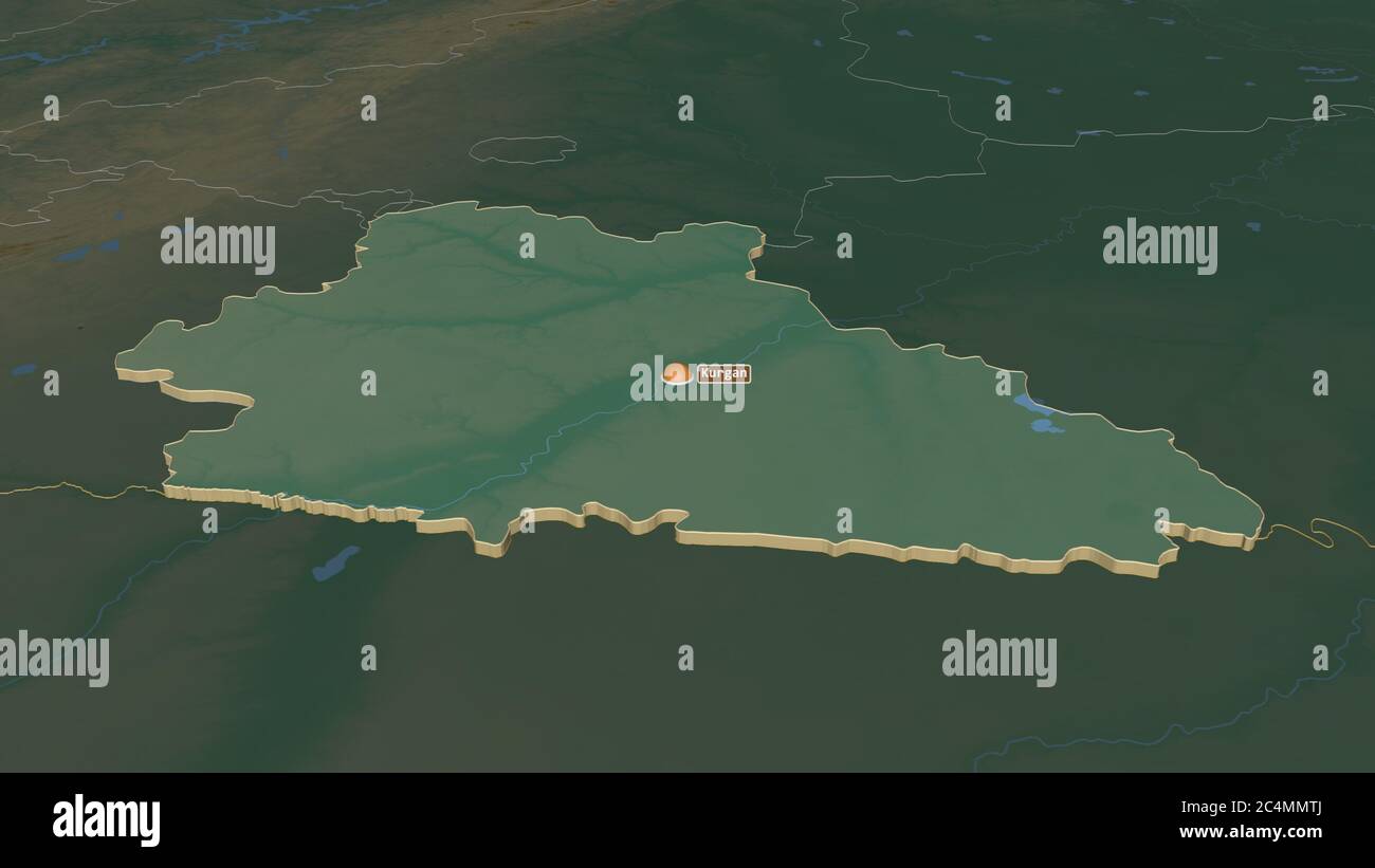 Zoom in on Kurgan (region of Russia) extruded. Oblique perspective ...