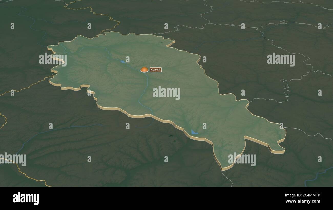 Zoom in on Kursk (region of Russia) extruded. Oblique perspective ...