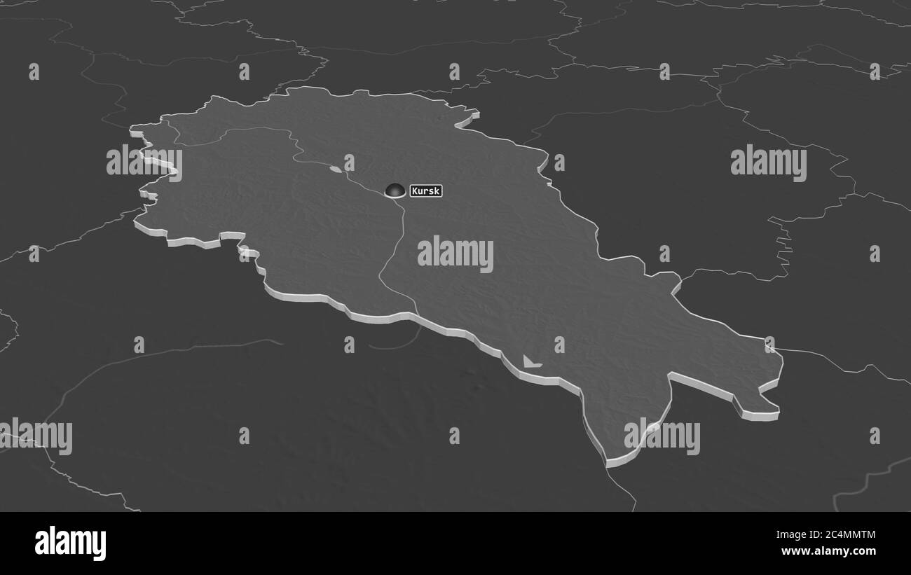 Zoom in on Kursk (region of Russia) extruded. Oblique perspective ...