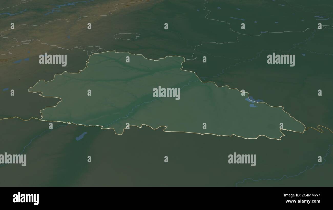 Zoom in on Kurgan (region of Russia) outlined. Oblique perspective ...