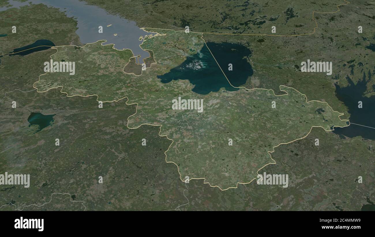 Zoom in on Leningrad (region of Russia) outlined. Oblique perspective ...