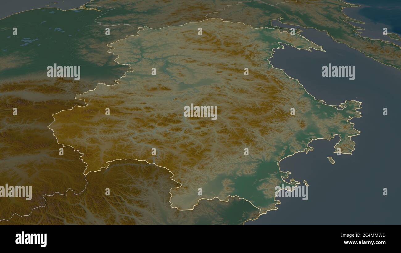 Zoom in on Maga Buryatdan (region of Russia) outlined. Oblique ...