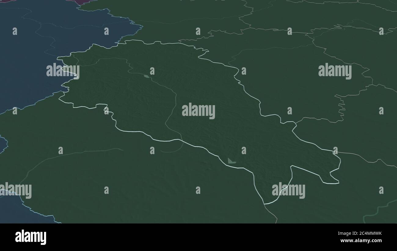 Zoom in on Kursk (region of Russia) outlined. Oblique perspective ...