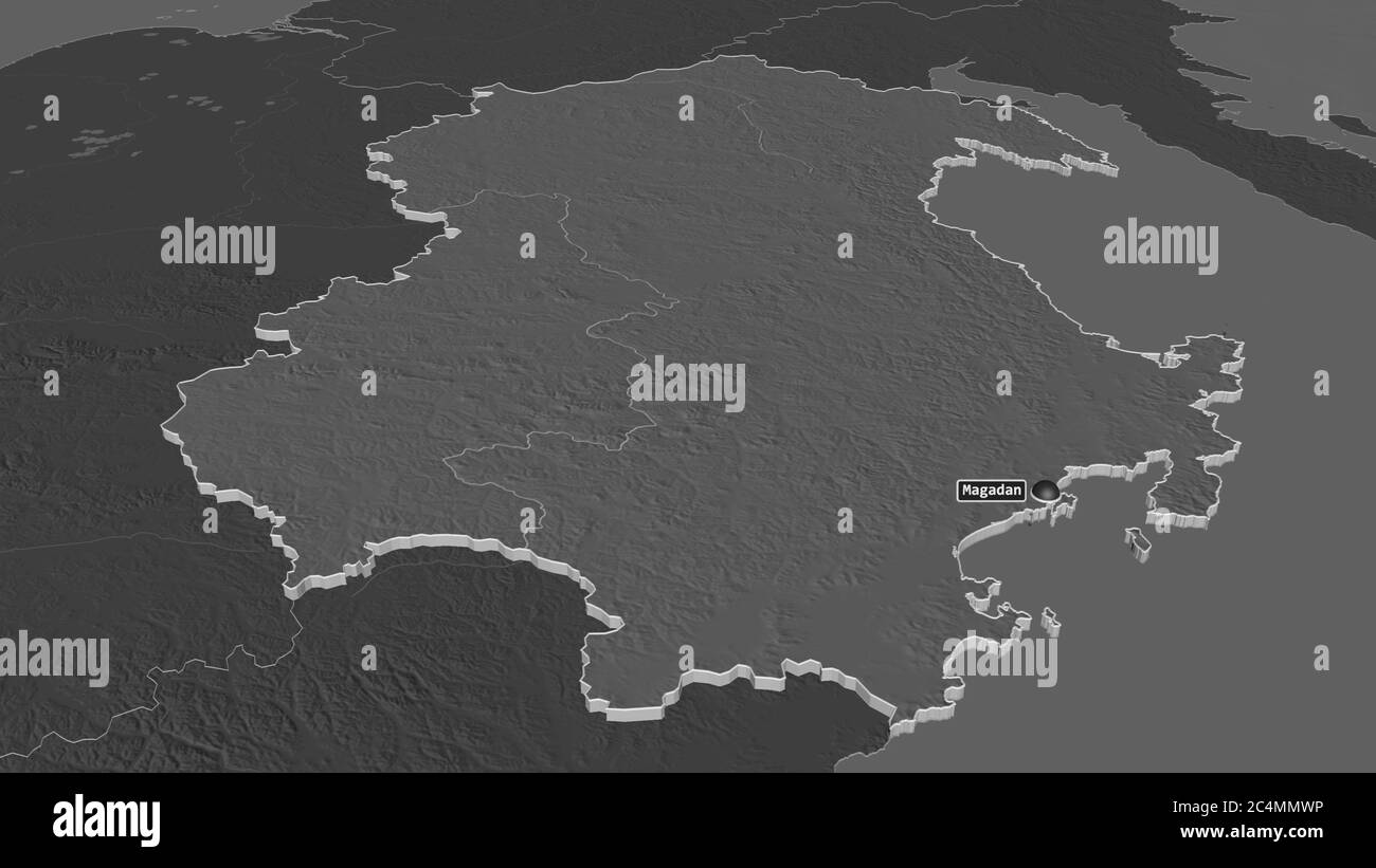 Zoom in on Maga Buryatdan (region of Russia) extruded. Oblique ...