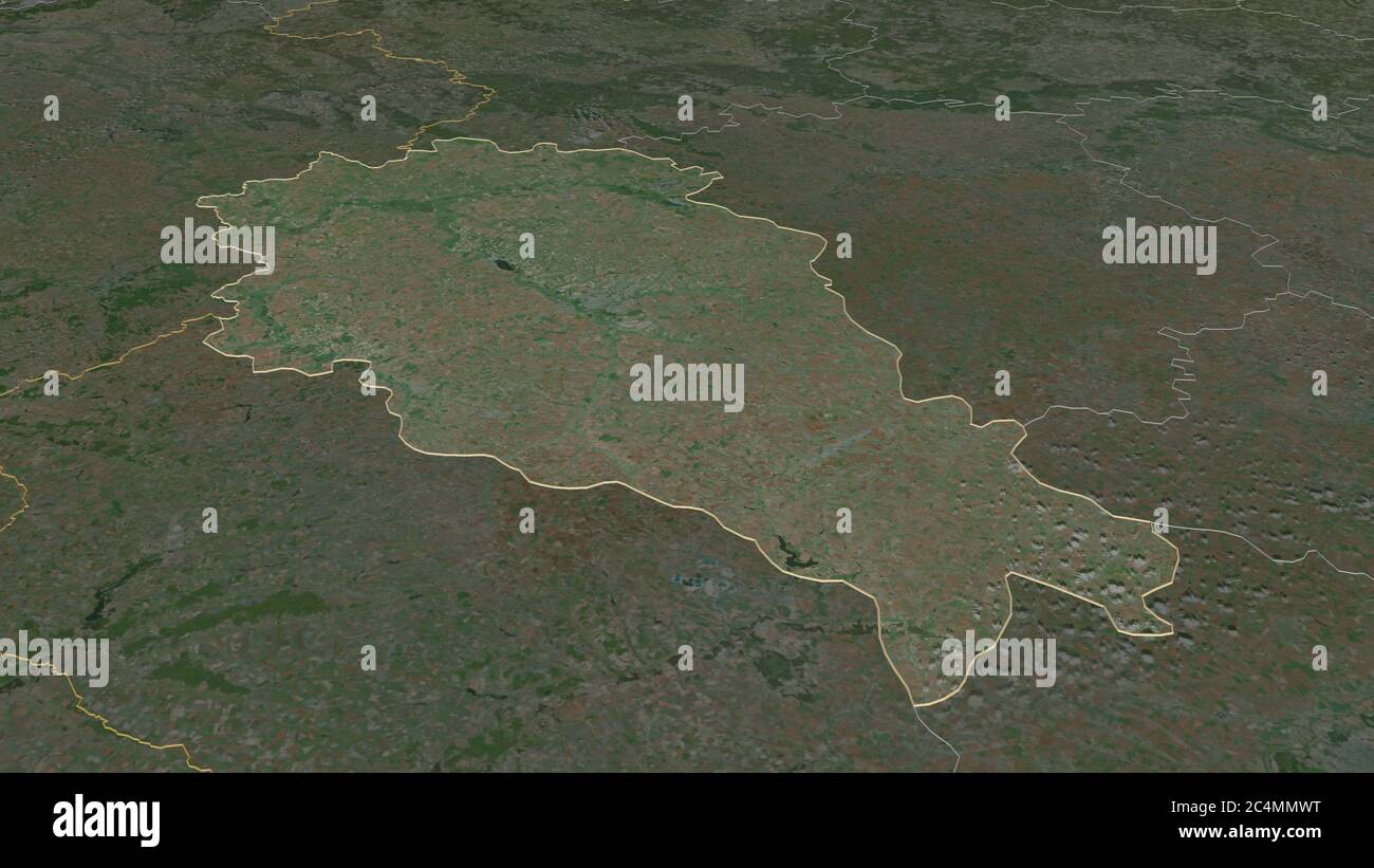 Zoom in on Kursk (region of Russia) outlined. Oblique perspective ...