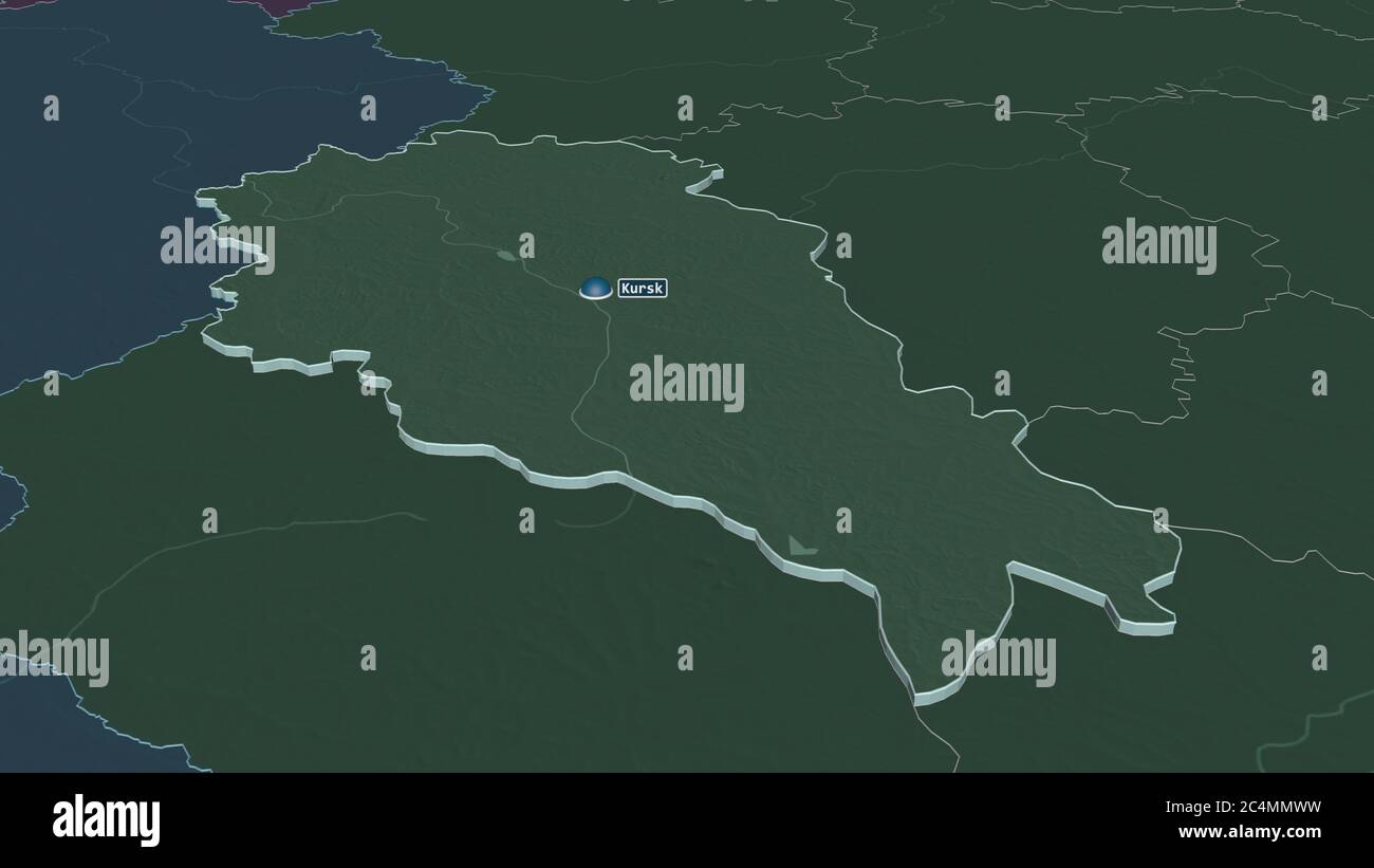 Zoom in on Kursk (region of Russia) extruded. Oblique perspective ...
