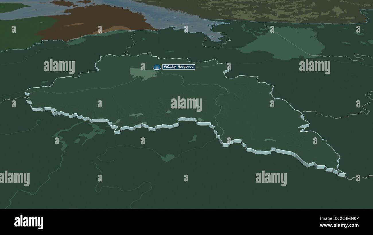Zoom in on Novgorod (region of Russia) extruded. Oblique perspective ...
