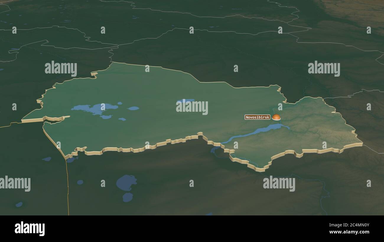 Zoom in on Novosibirsk (region of Russia) extruded. Oblique perspective ...