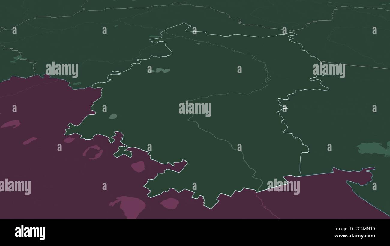Zoom in on Omsk (region of Russia) outlined. Oblique perspective ...