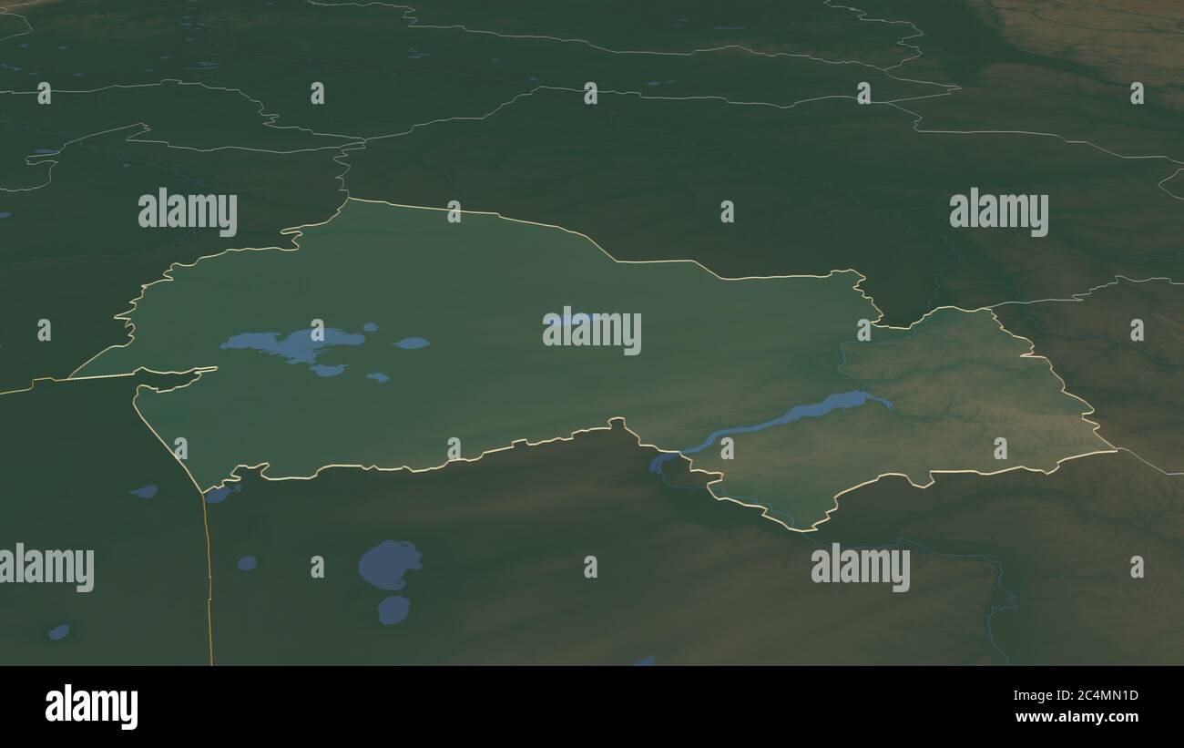 Zoom in on Novosibirsk (region of Russia) outlined. Oblique perspective ...