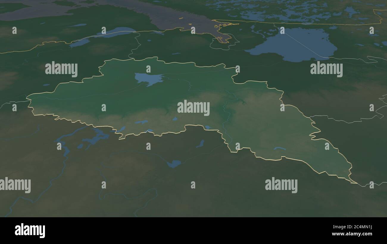 Zoom in on Novgorod (region of Russia) outlined. Oblique perspective ...