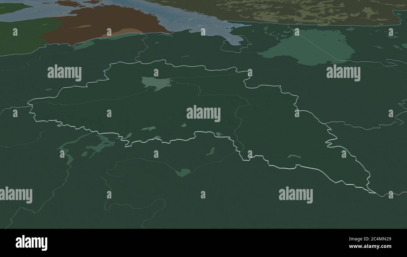 Zoom in on Novgorod (region of Russia) outlined. Oblique perspective ...