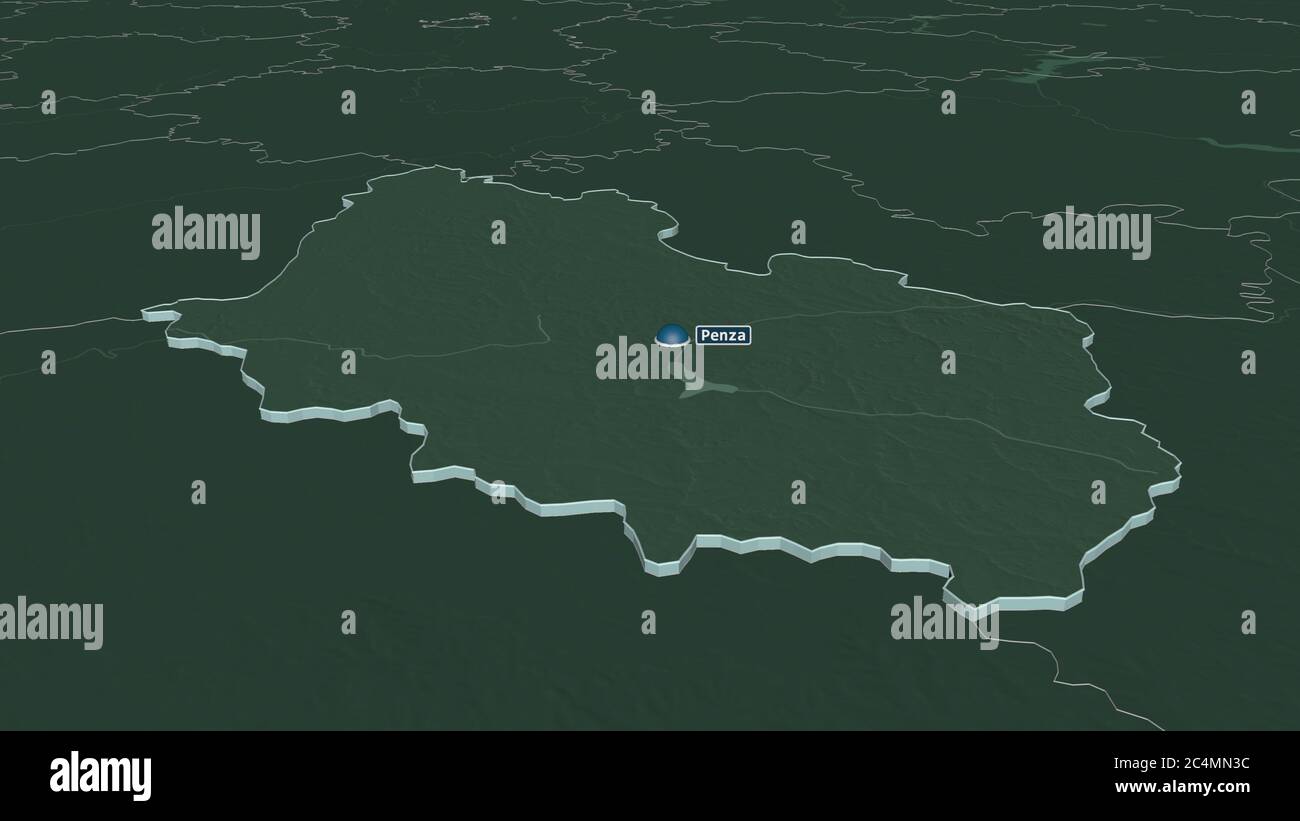 Zoom in on Penza (region of Russia) extruded. Oblique perspective ...