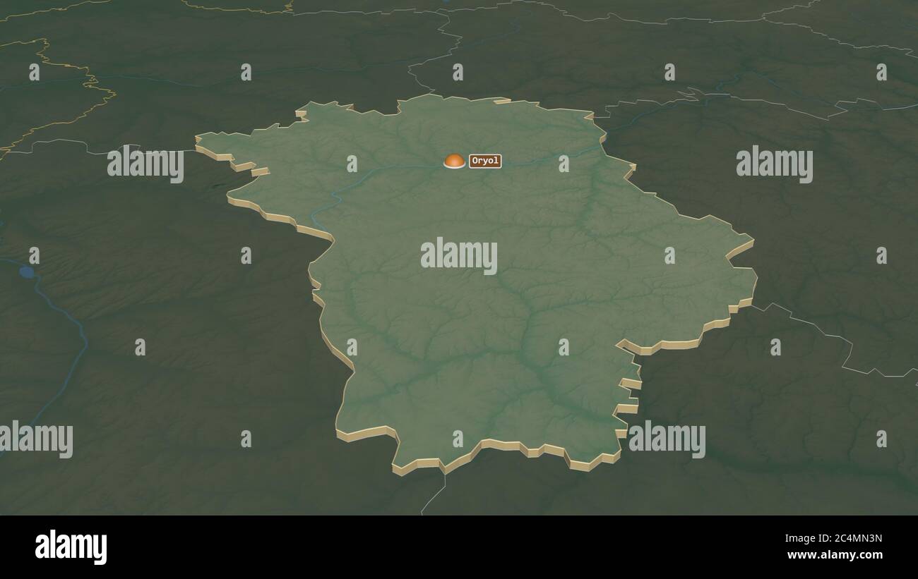 Zoom in on Orel (region of Russia) extruded. Oblique perspective ...