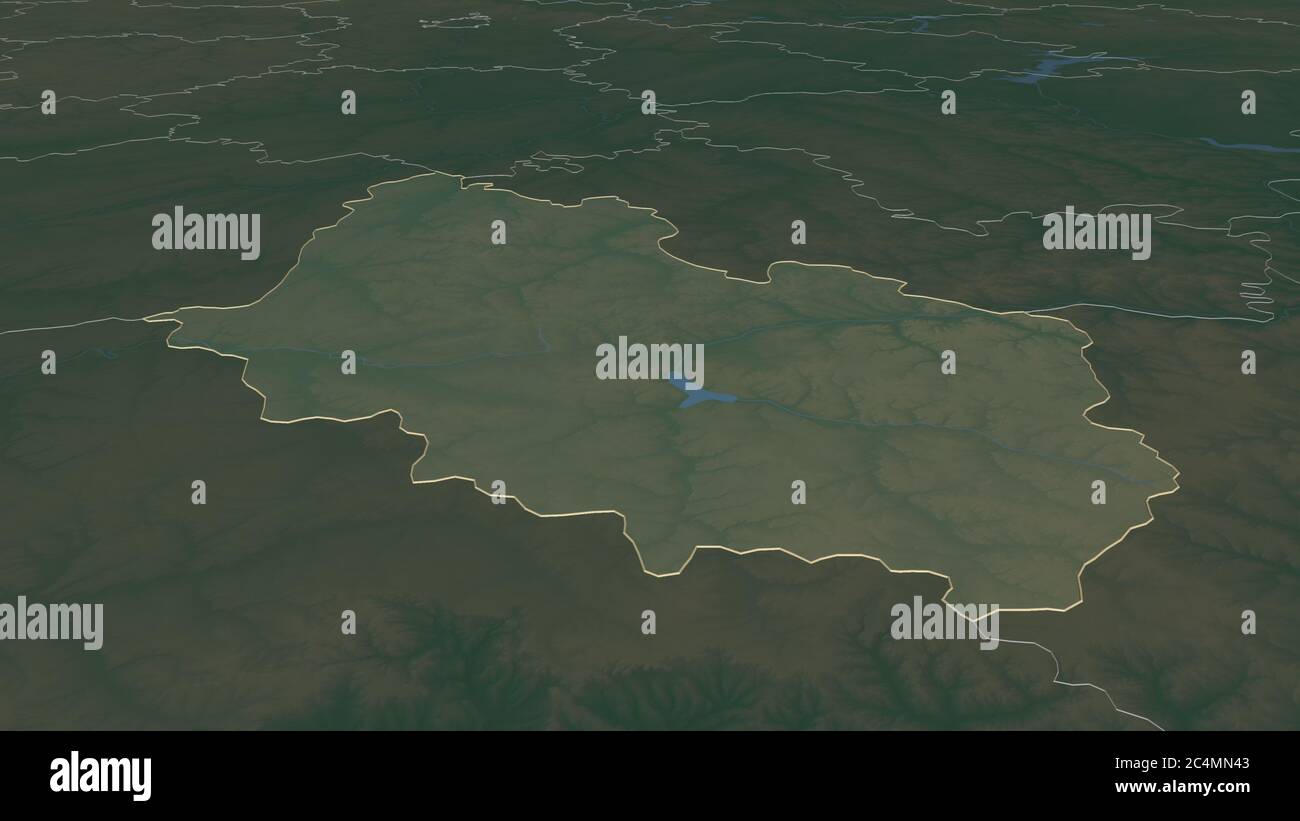 Zoom in on Penza (region of Russia) outlined. Oblique perspective ...