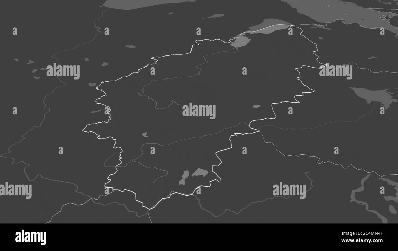 Zoom in on Pskov (region of Russia) outlined. Oblique perspective ...