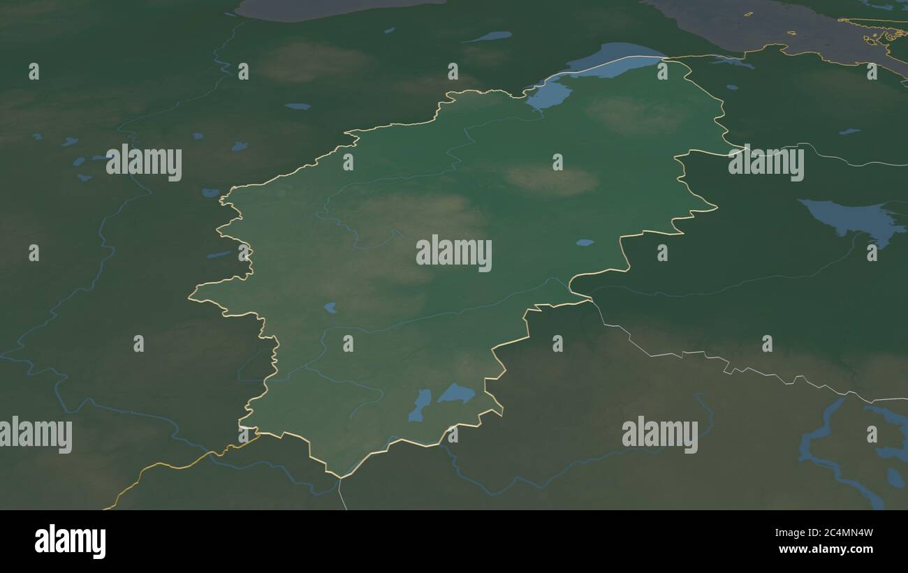 Zoom in on Pskov (region of Russia) outlined. Oblique perspective ...