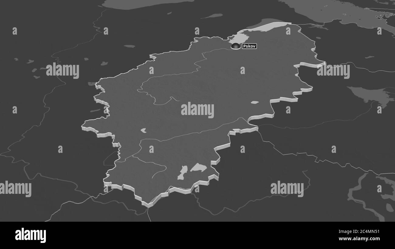Zoom in on Pskov (region of Russia) extruded. Oblique perspective ...