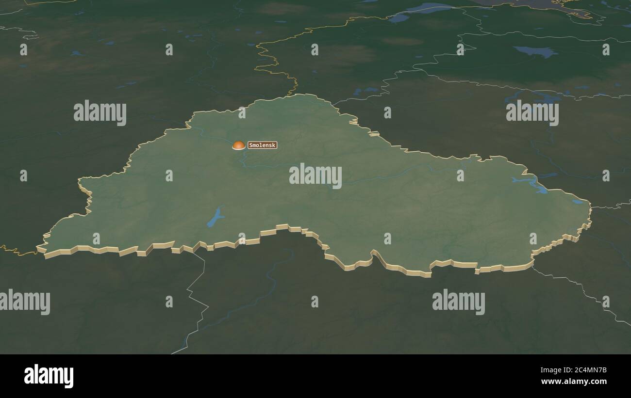 Zoom in on Smolensk (region of Russia) extruded. Oblique perspective ...