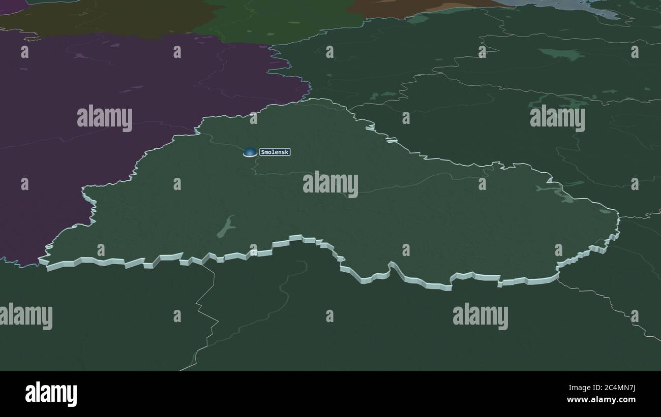 Zoom in on Smolensk (region of Russia) extruded. Oblique perspective ...