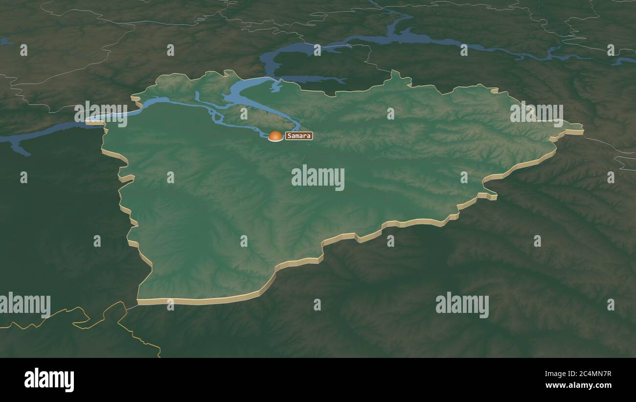 Zoom in on Samara (region of Russia) extruded. Oblique perspective ...