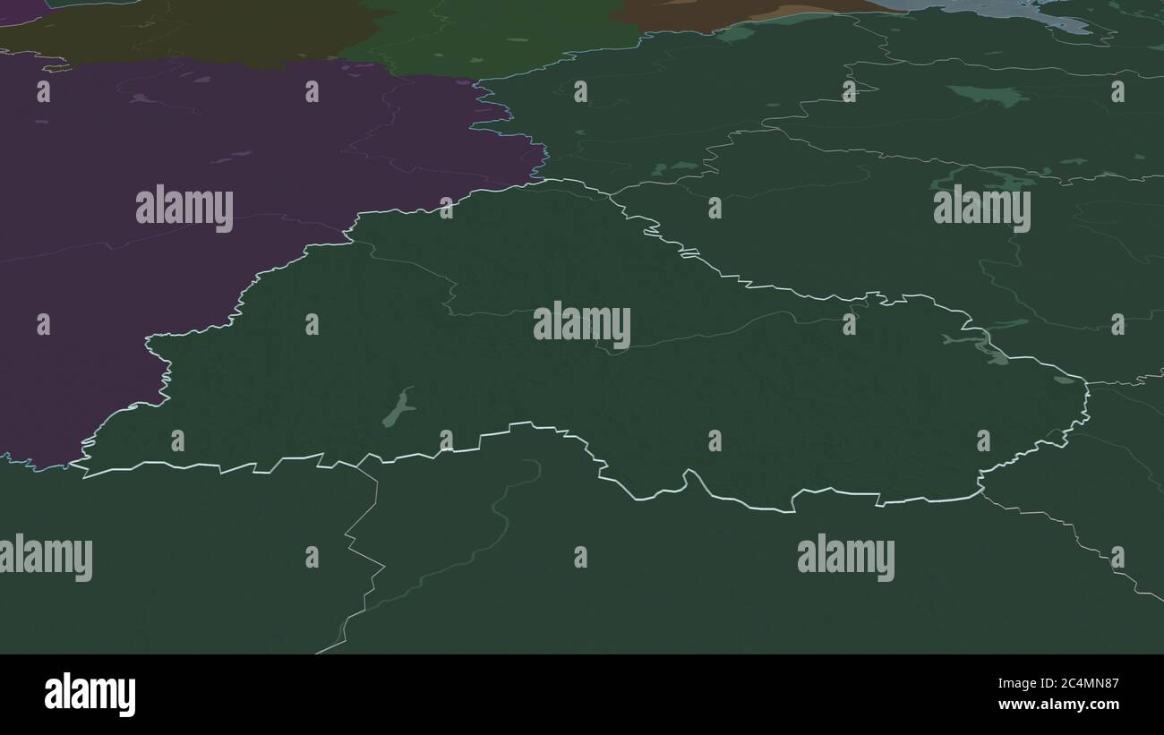 Zoom in on Smolensk (region of Russia) outlined. Oblique perspective ...
