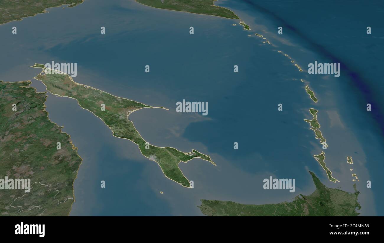 Zoom in on Sakhalin (region of Russia) outlined. Oblique perspective ...