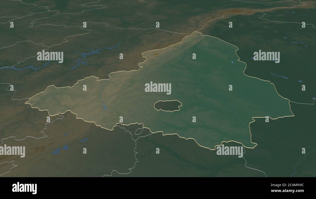 Zoom in on Sverdlovsk (region of Russia) outlined. Oblique perspective ...