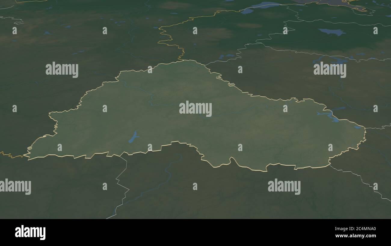 Zoom in on Smolensk (region of Russia) outlined. Oblique perspective ...