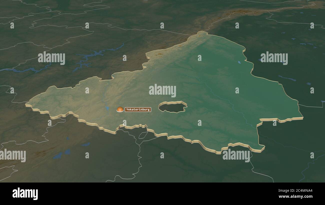 Zoom in on Sverdlovsk (region of Russia) extruded. Oblique perspective ...