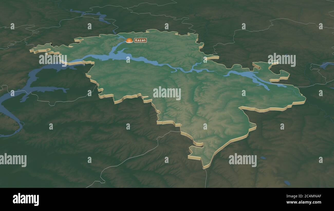Zoom in on Tatarstan (republic of Russia) extruded. Oblique perspective ...