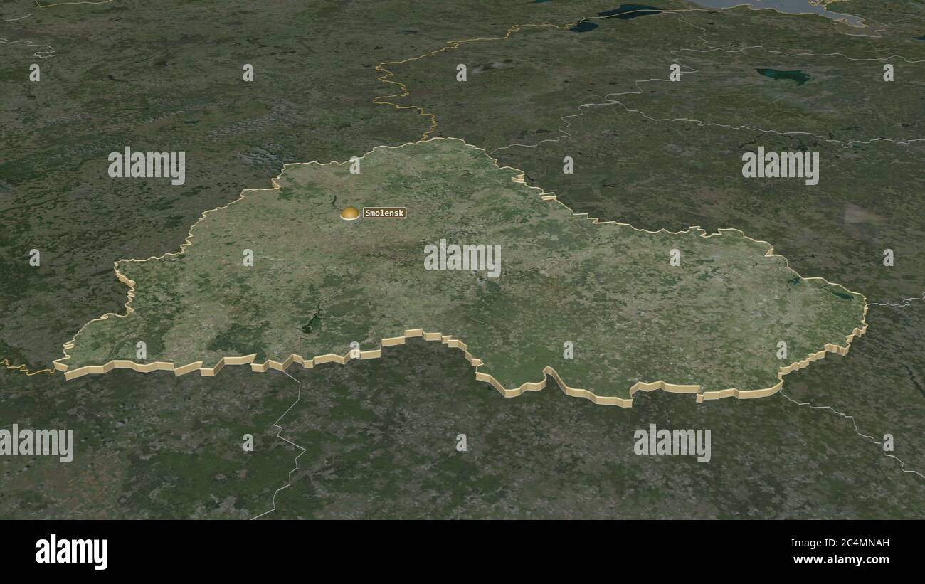 Zoom in on Smolensk (region of Russia) extruded. Oblique perspective ...