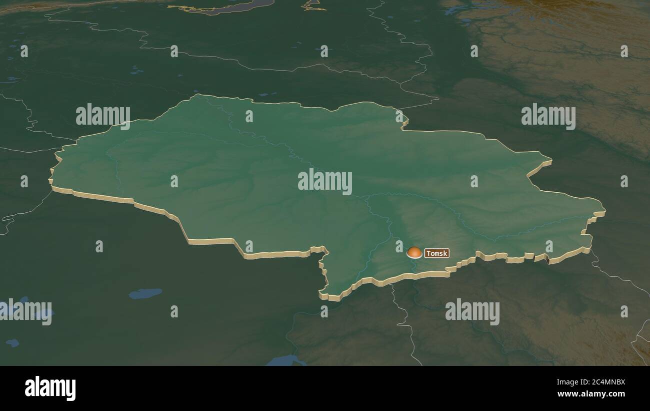 Zoom in on Tomsk (region of Russia) extruded. Oblique perspective ...