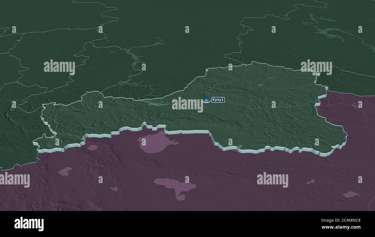 Zoom in on Tuva (republic of Russia) extruded. Oblique perspective ...