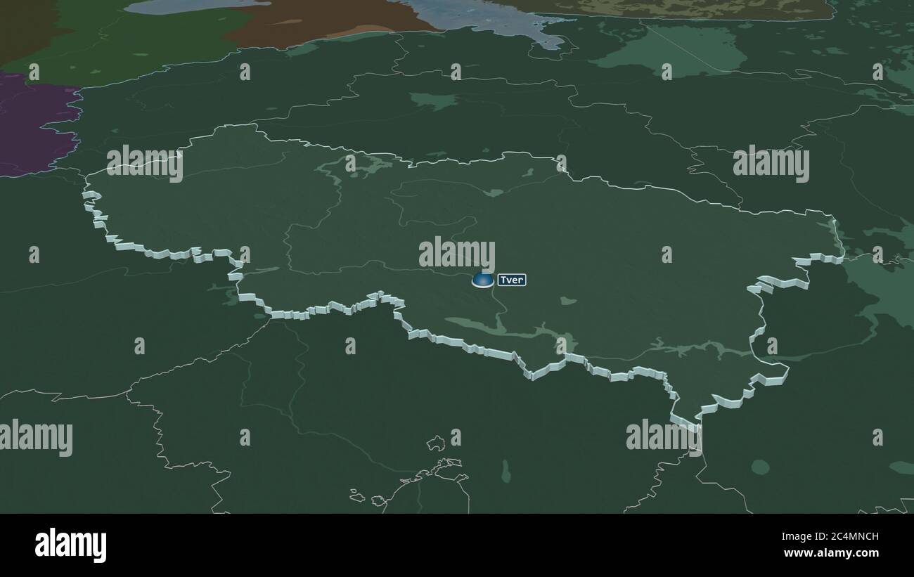 Zoom in on Tver' (region of Russia) extruded. Oblique perspective ...