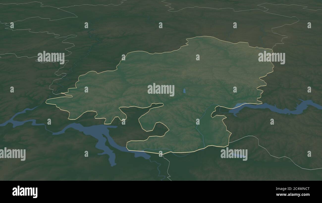 Zoom in on Udmurt (republic of Russia) outlined. Oblique perspective ...