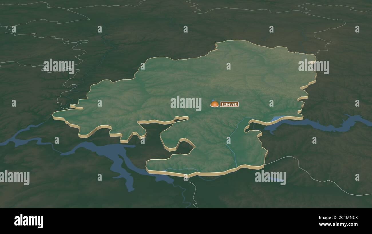 Zoom in on Udmurt (republic of Russia) extruded. Oblique perspective ...