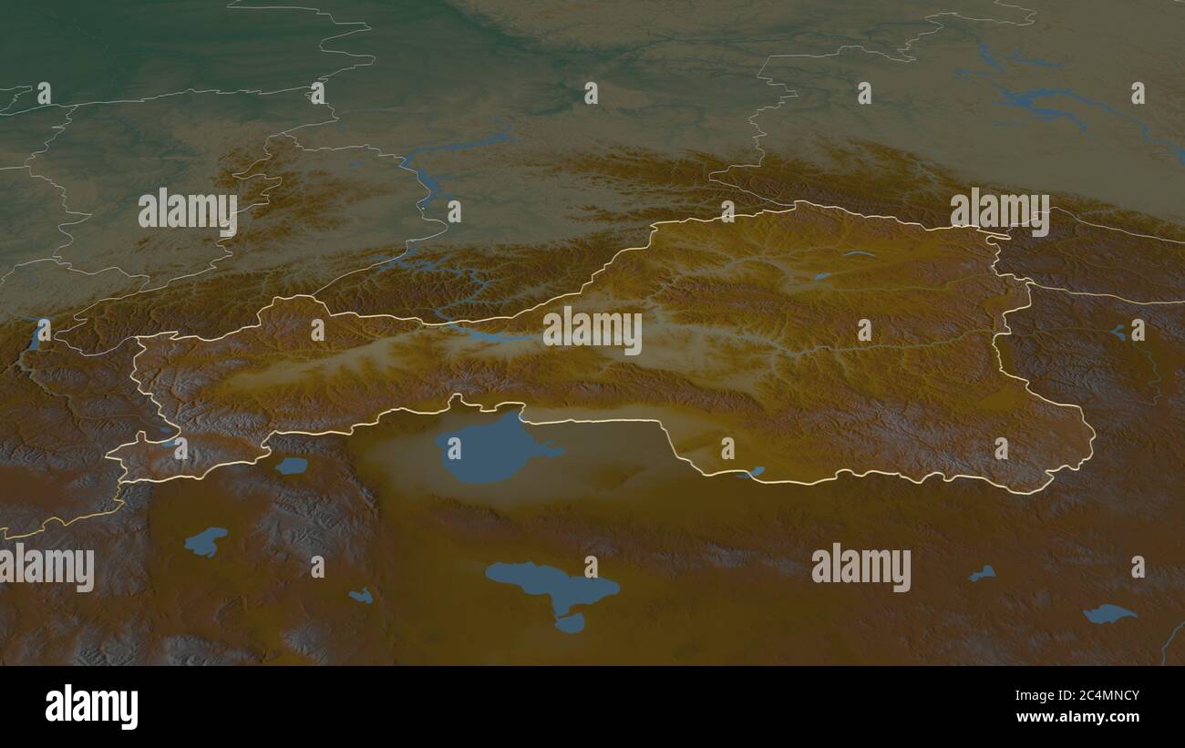 Zoom in on Tuva (republic of Russia) outlined. Oblique perspective ...