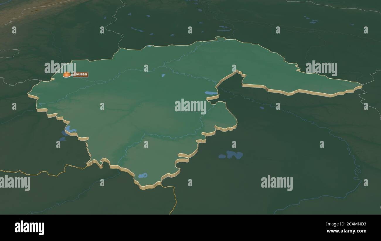 Zoom in on Tyumen' (region of Russia) extruded. Oblique perspective ...
