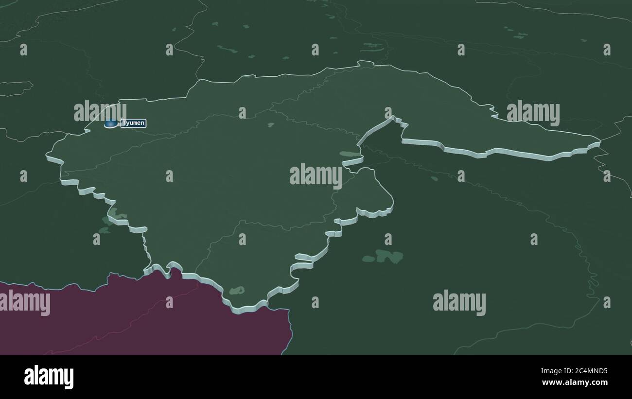 Zoom in on Tyumen' (region of Russia) extruded. Oblique perspective ...