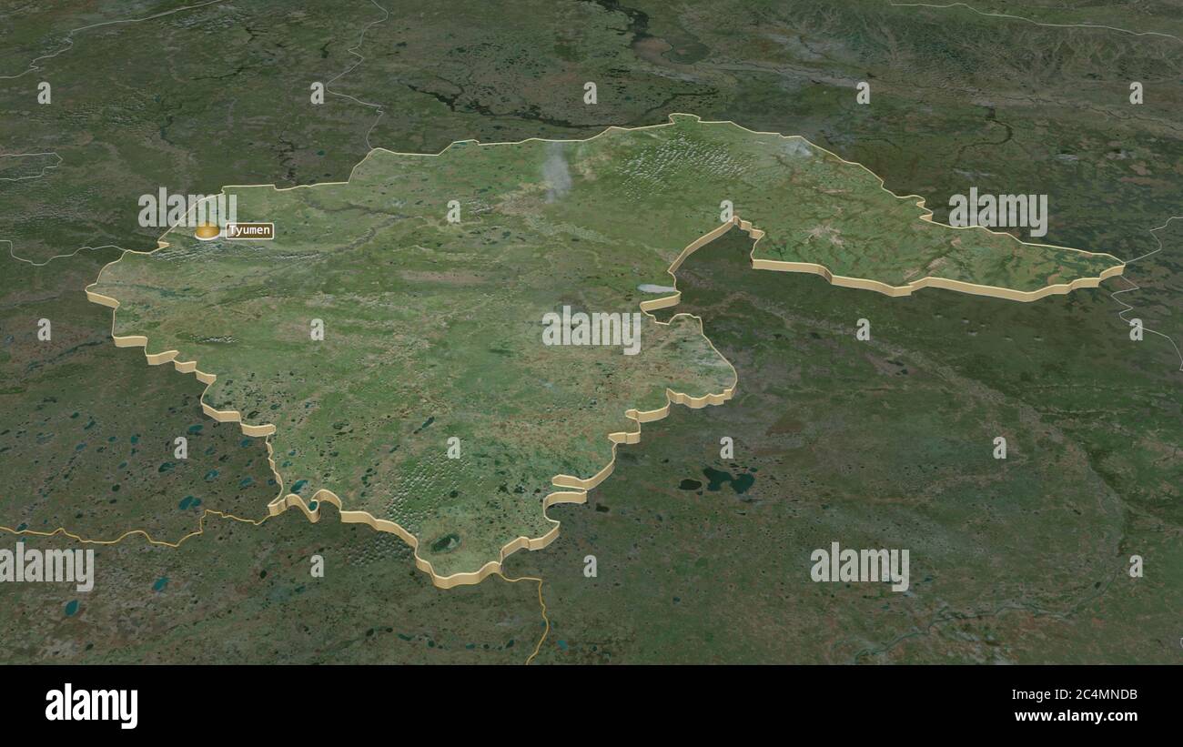 Zoom in on Tyumen' (region of Russia) extruded. Oblique perspective ...