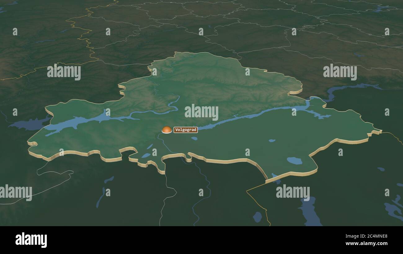 Zoom in on Volgograd (region of Russia) extruded. Oblique perspective ...
