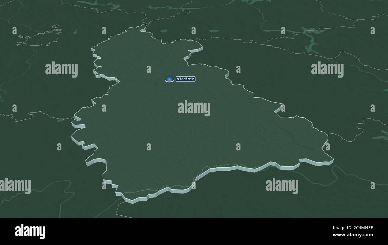 Zoom in on Vladimir (region of Russia) extruded. Oblique perspective ...