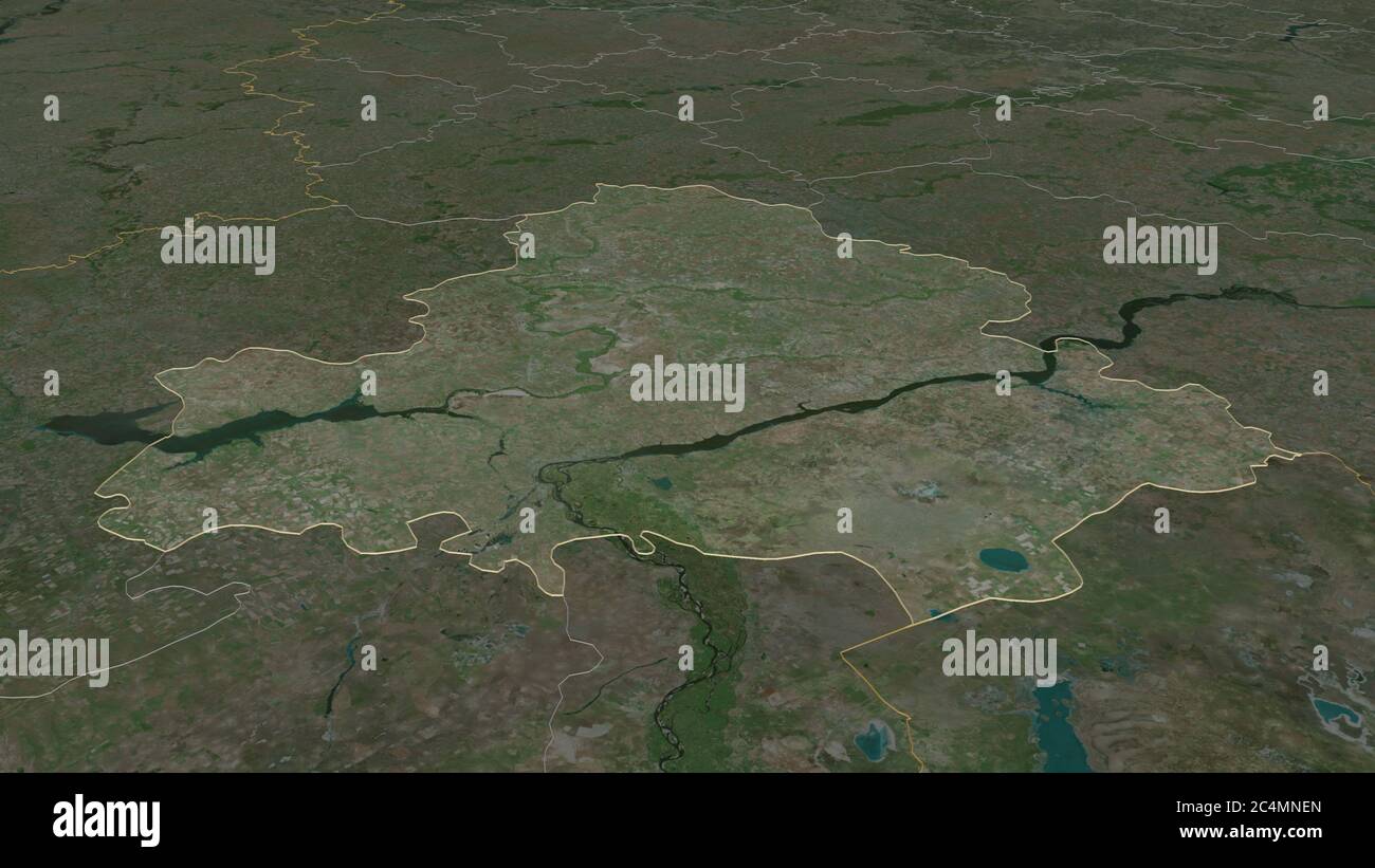 Zoom in on Volgograd (region of Russia) outlined. Oblique perspective ...