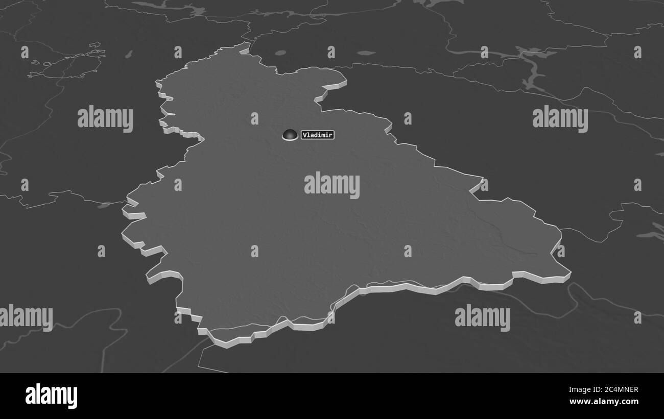 Zoom in on Vladimir (region of Russia) extruded. Oblique perspective ...
