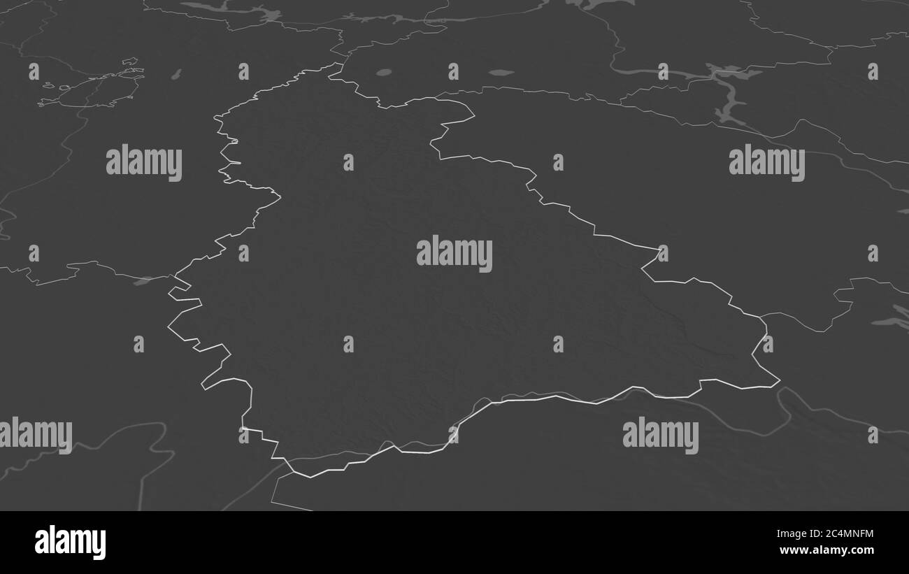 Zoom in on Vladimir (region of Russia) outlined. Oblique perspective ...