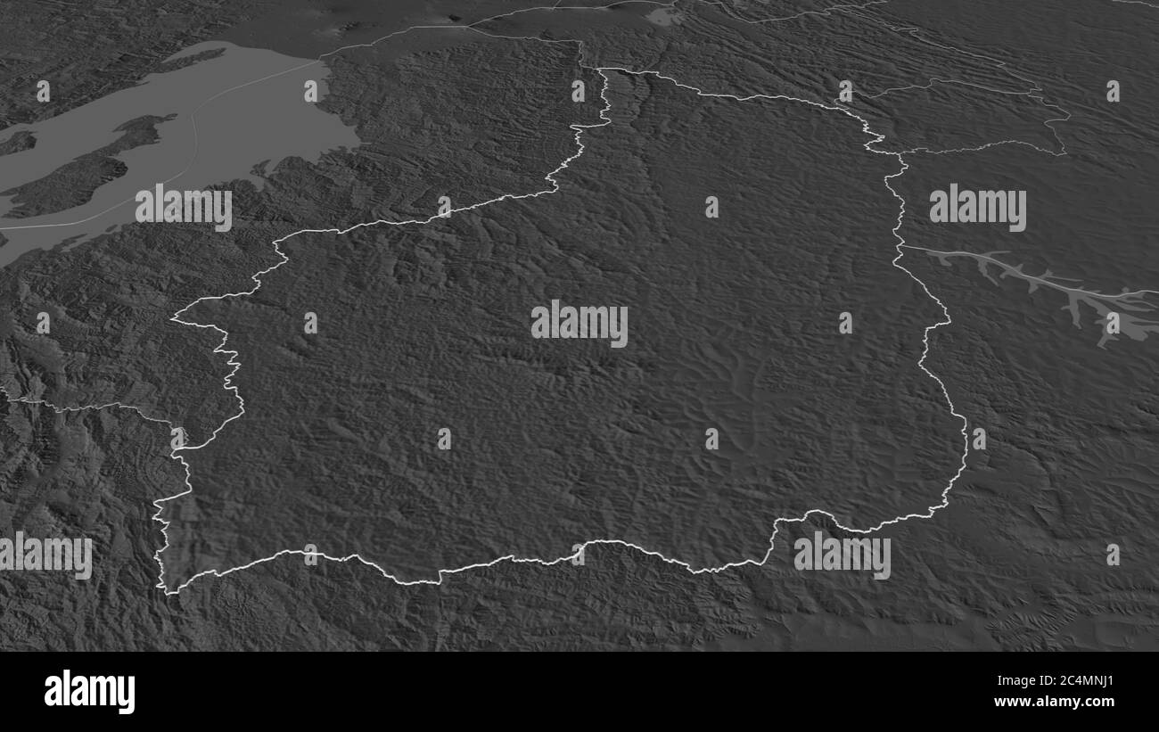 Zoom in on Amajyepfo (province of Rwanda) outlined. Oblique perspective ...