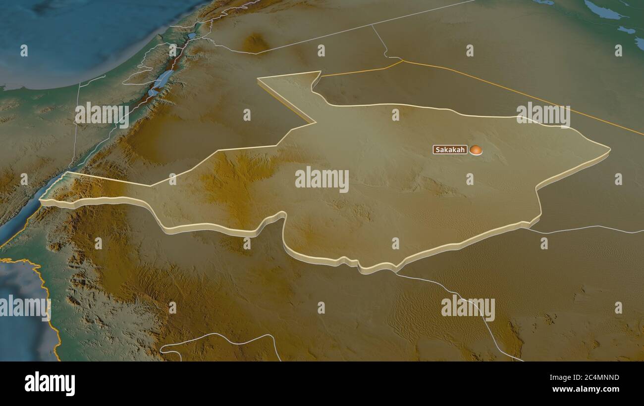 Zoom in on Al Jawf (region of Saudi Arabia) extruded. Oblique ...