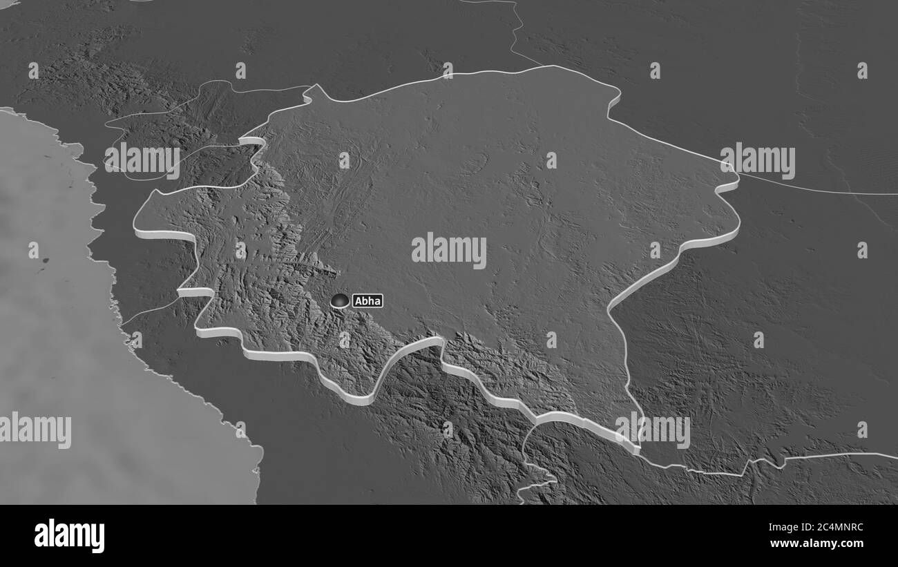 Zoom in on Asir (region of Saudi Arabia) extruded. Oblique perspective ...