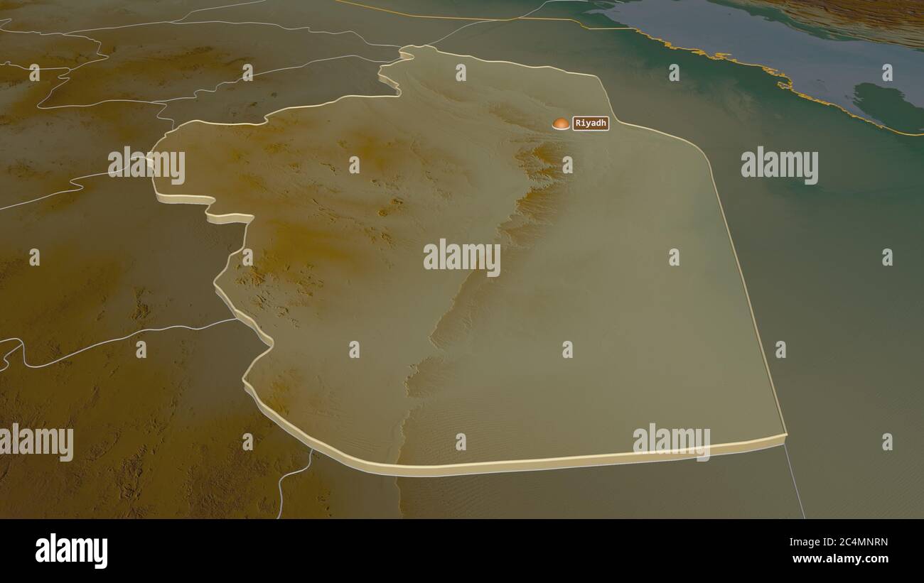 Zoom in on Ar Riyad (region of Saudi Arabia) extruded. Oblique ...
